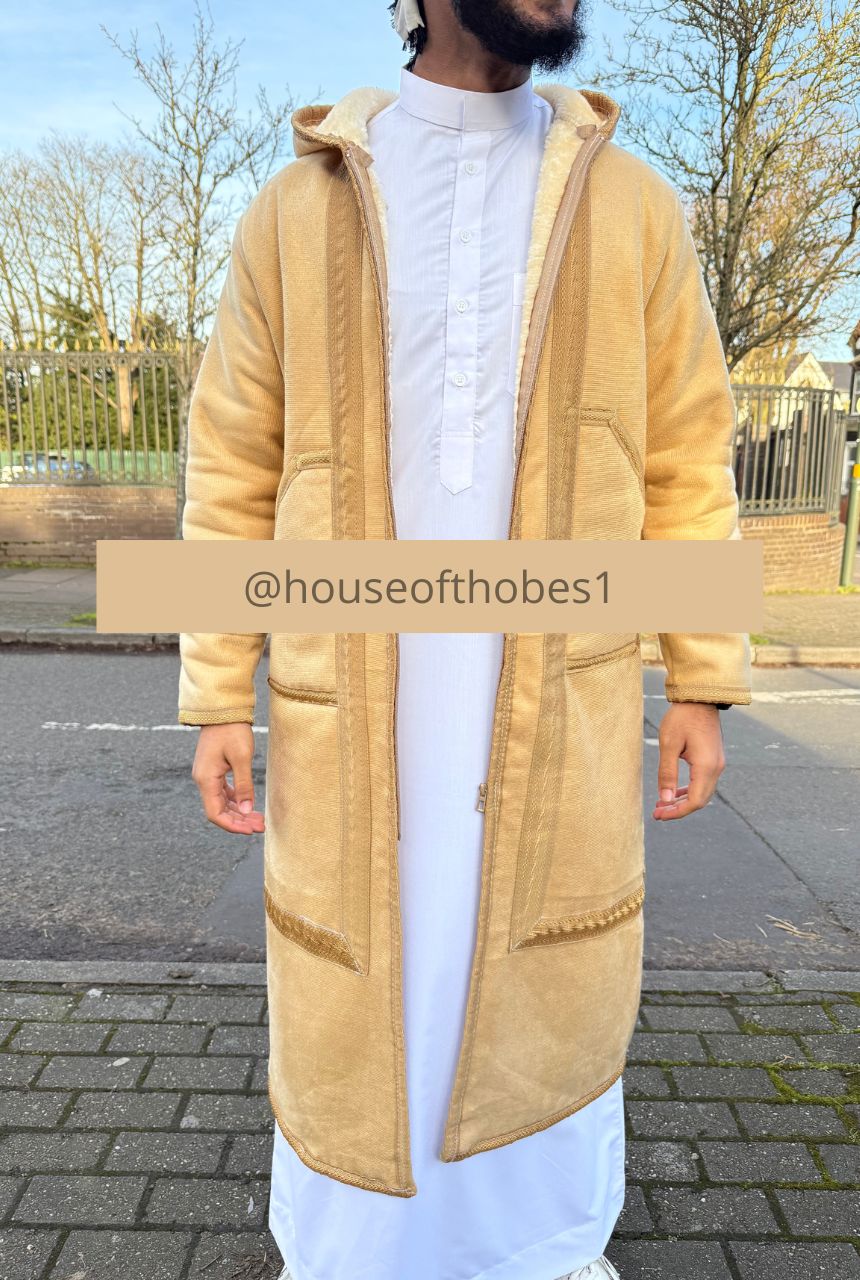 Luxury Beige Farwa Bisht | Winter Thobe Overcoat – House of Thobes